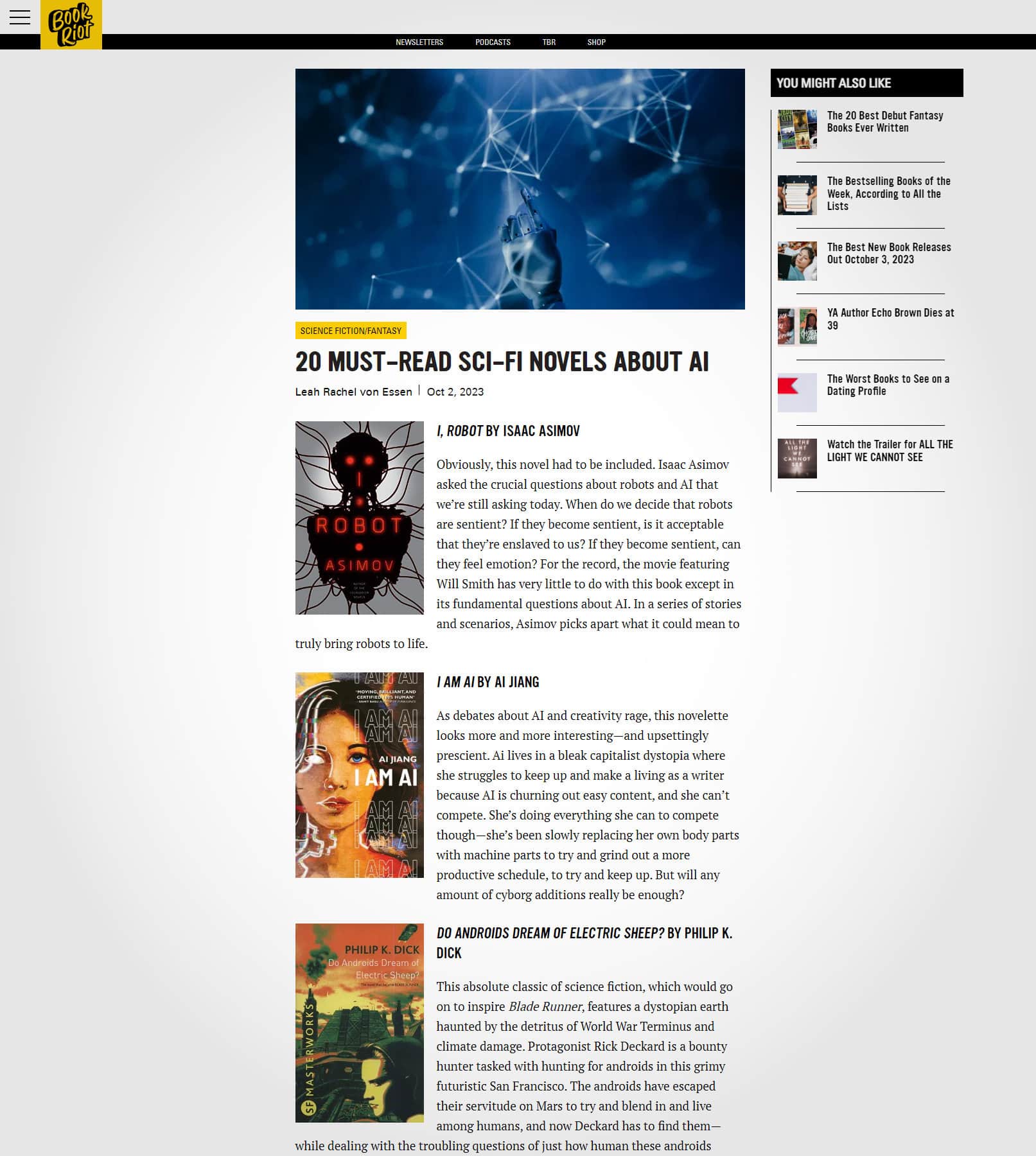 I AM AI featured on BookRiot's list of 20 Must-Read Sci-Fi Novels About ...