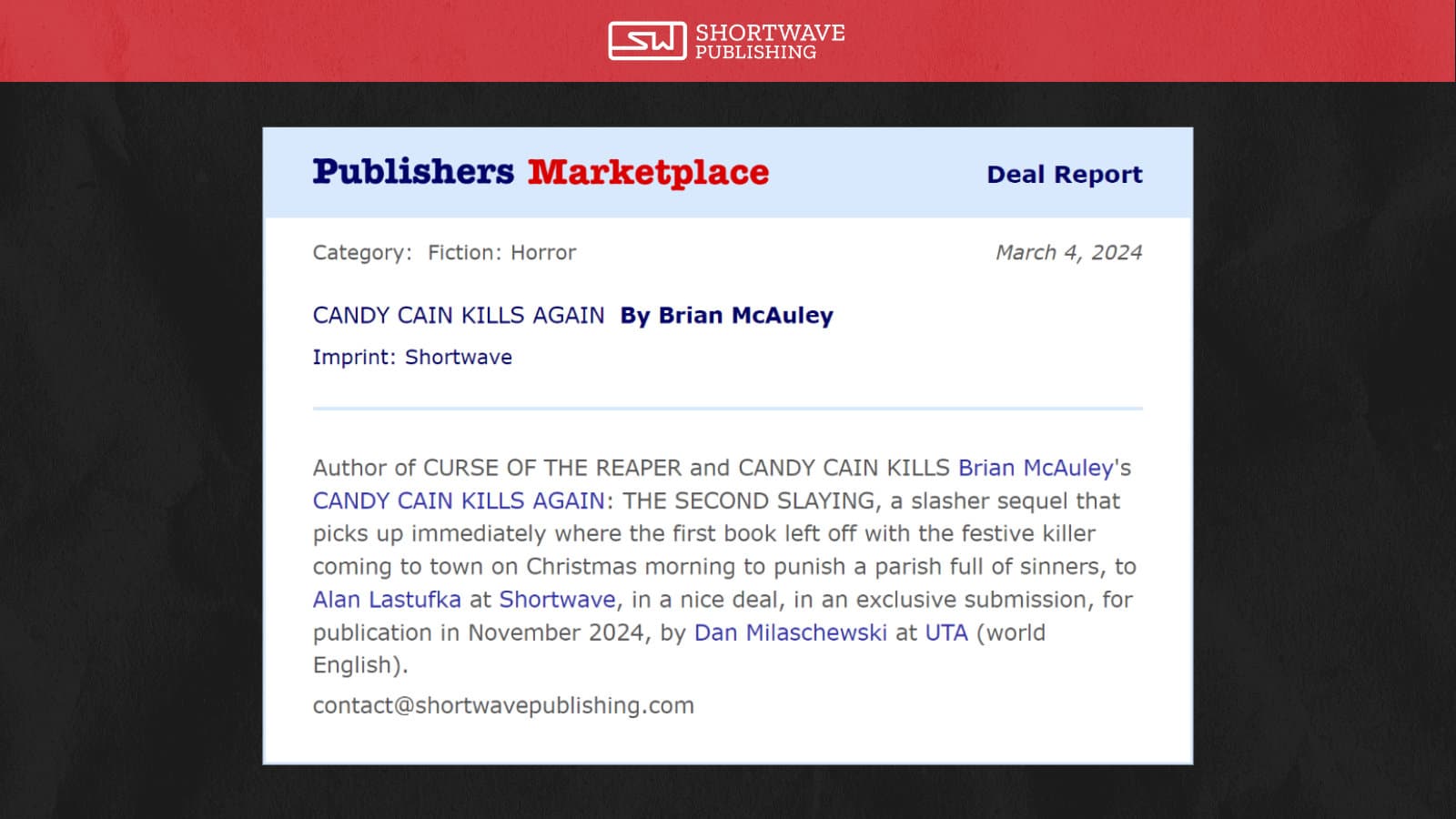 New Deal Announcement - CANDY CAIN KILLS AGAIN - Shortwave Publishing